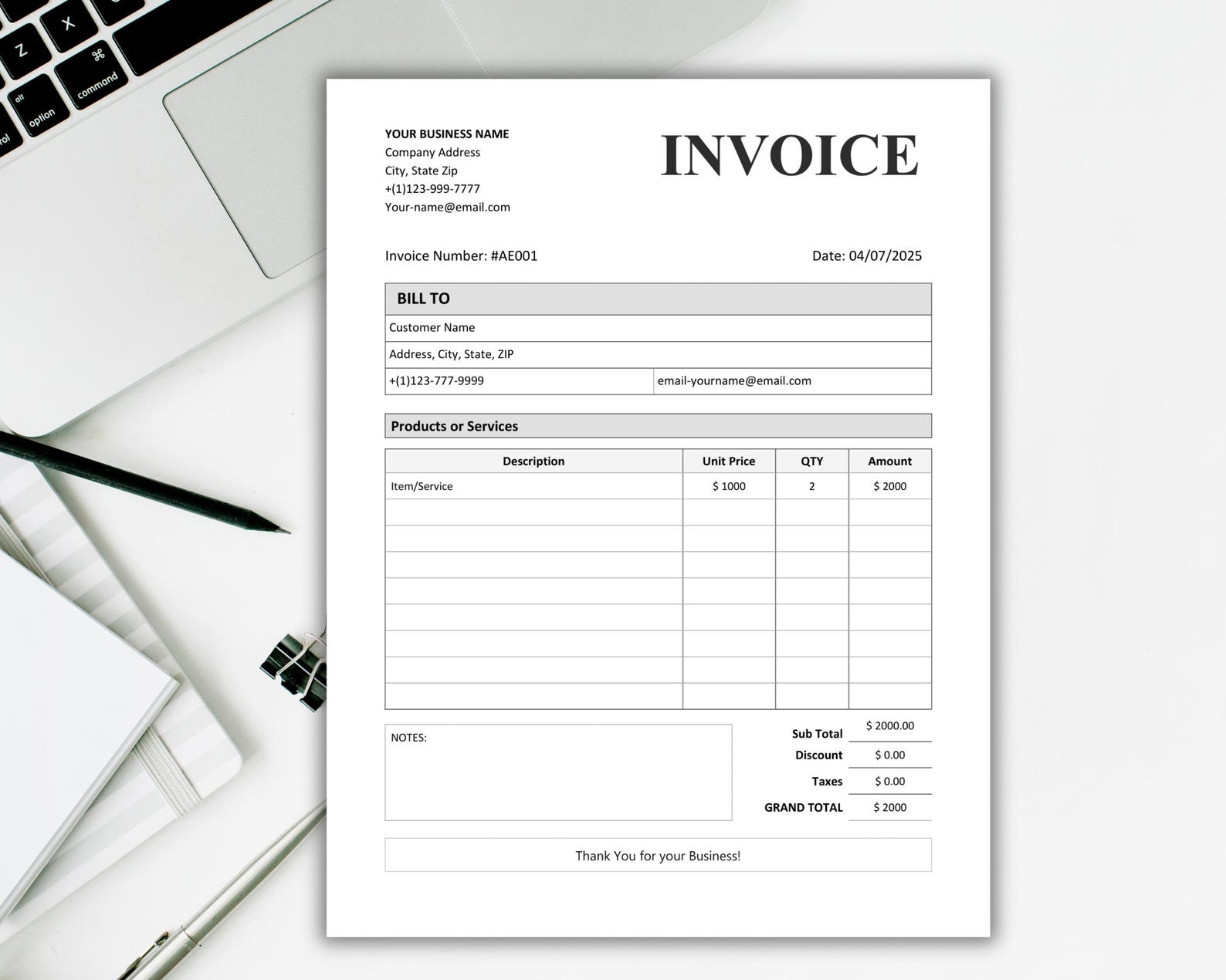 Invoice Template. Custom Invoice. Printable Invoice Form. Customizable ...