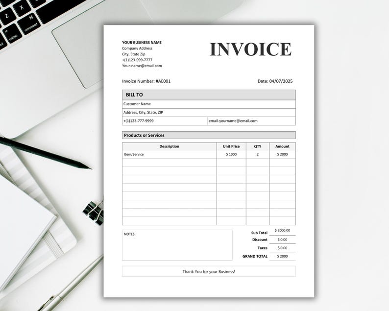 Invoice Template. Custom Invoice. Printable Invoice Form. Customizable ...