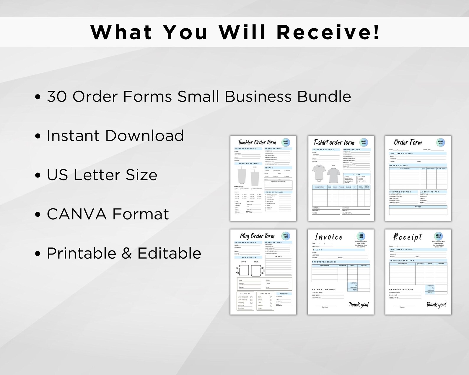 Small Business Bundle. Printable Forms for Crafters. T-shirt Order Form ...