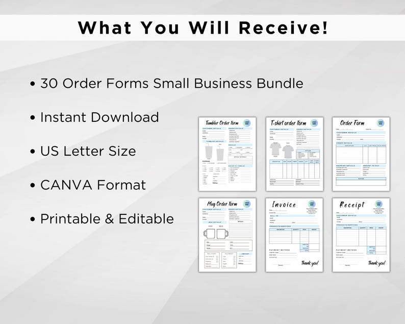 Small Business Bundle. Printable Forms for Crafters. T-shirt Order Form ...
