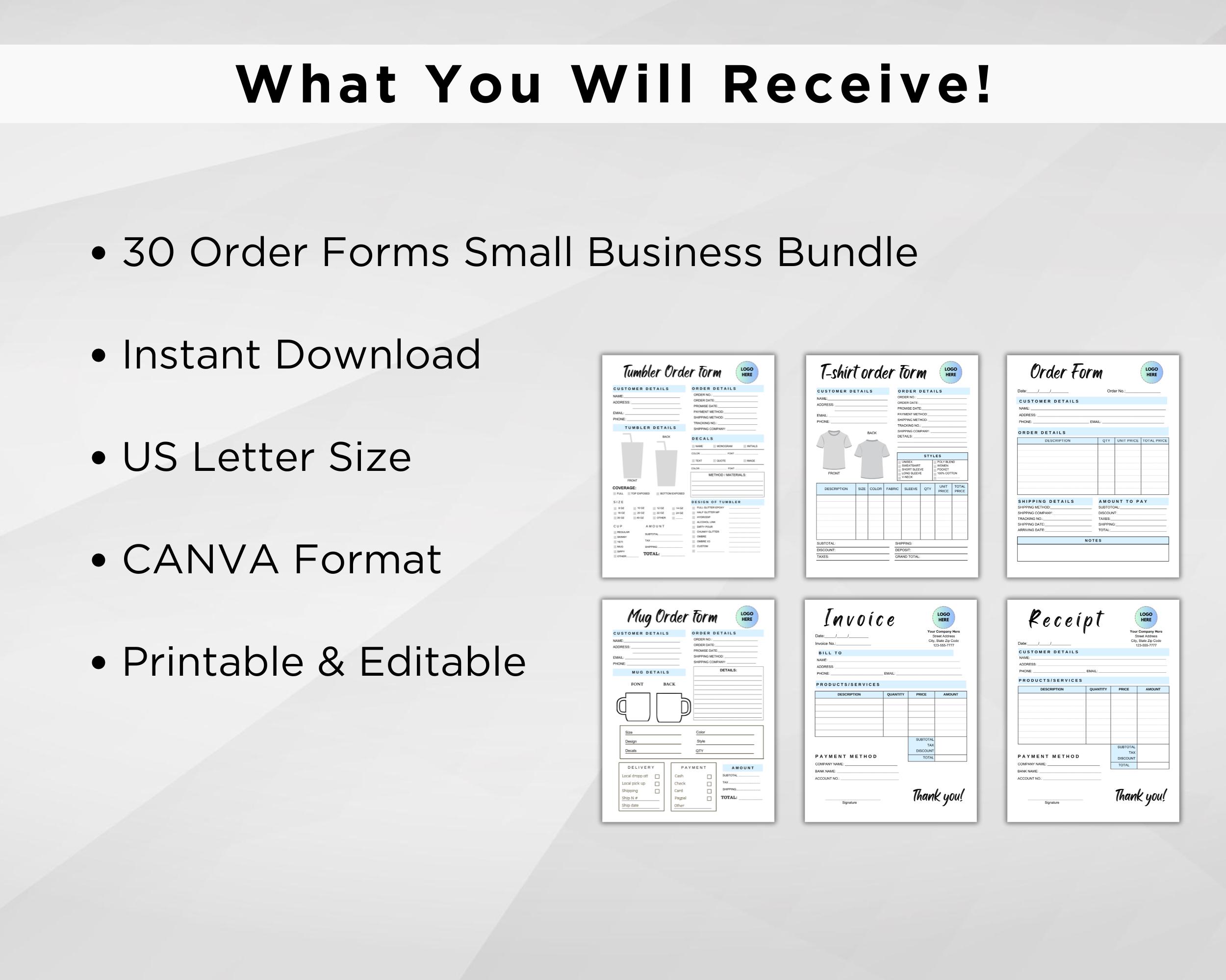 Small Business Bundle. Printable Forms for Crafters. T-shirt Order Form ...