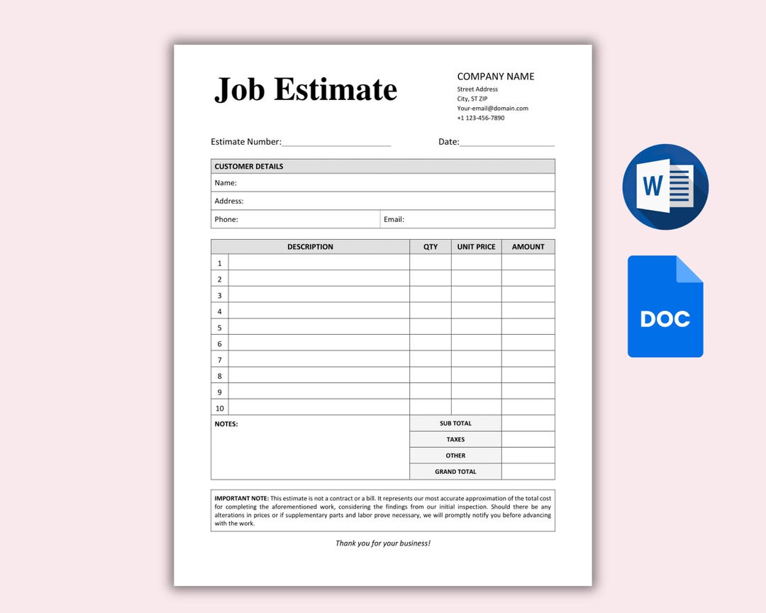 Job Estimate Template Printable. Job Estimate Forms Small Business Template. Construction ...