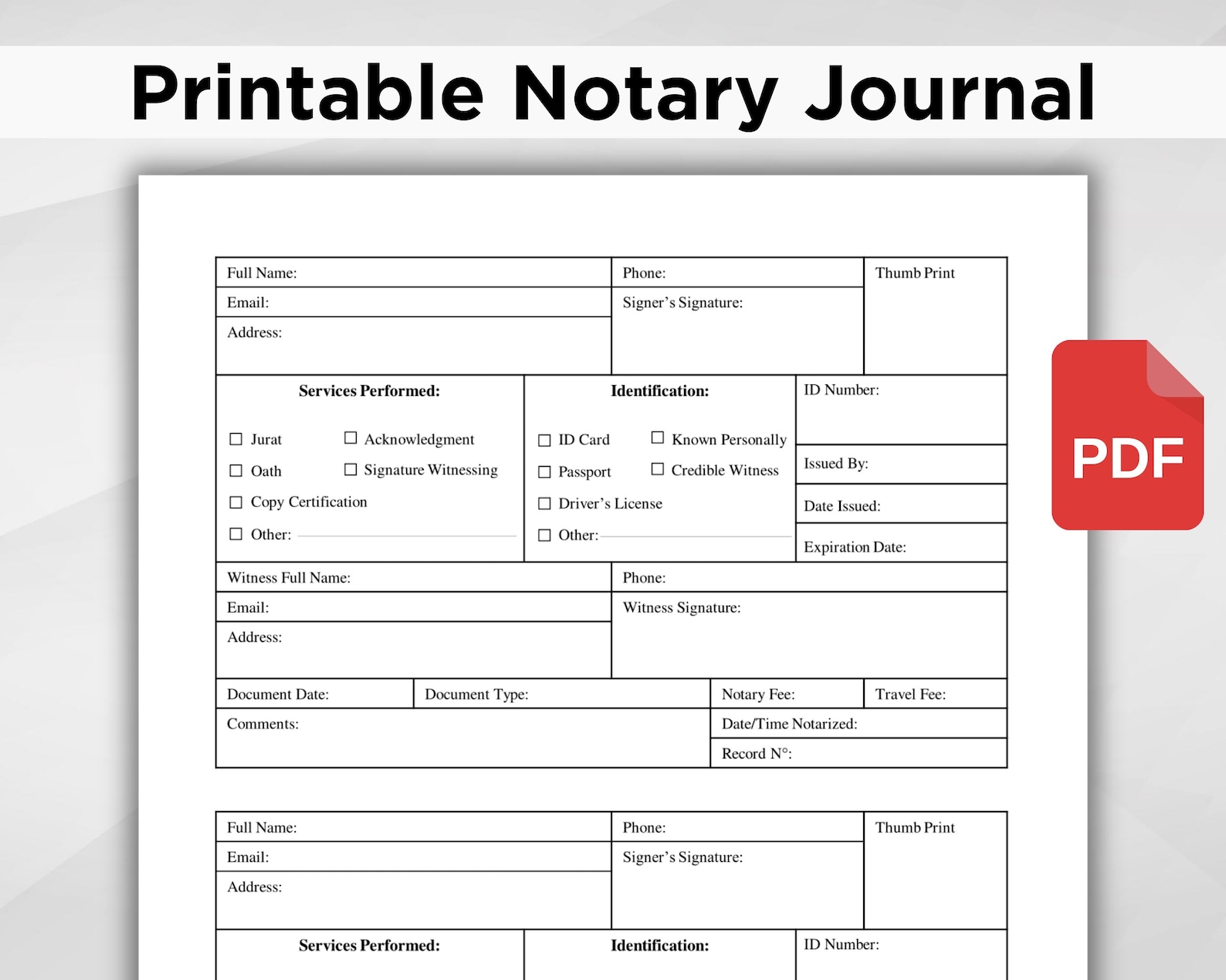 Printable Notary Journal. Notary Log. Notary Public Record Book. Notary ...