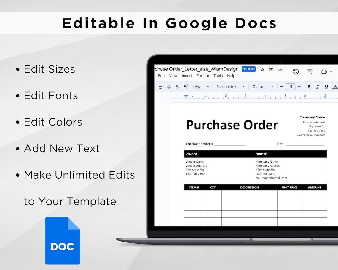Editable Purchase Order Template. Printable Purchase Order Form. Order ...