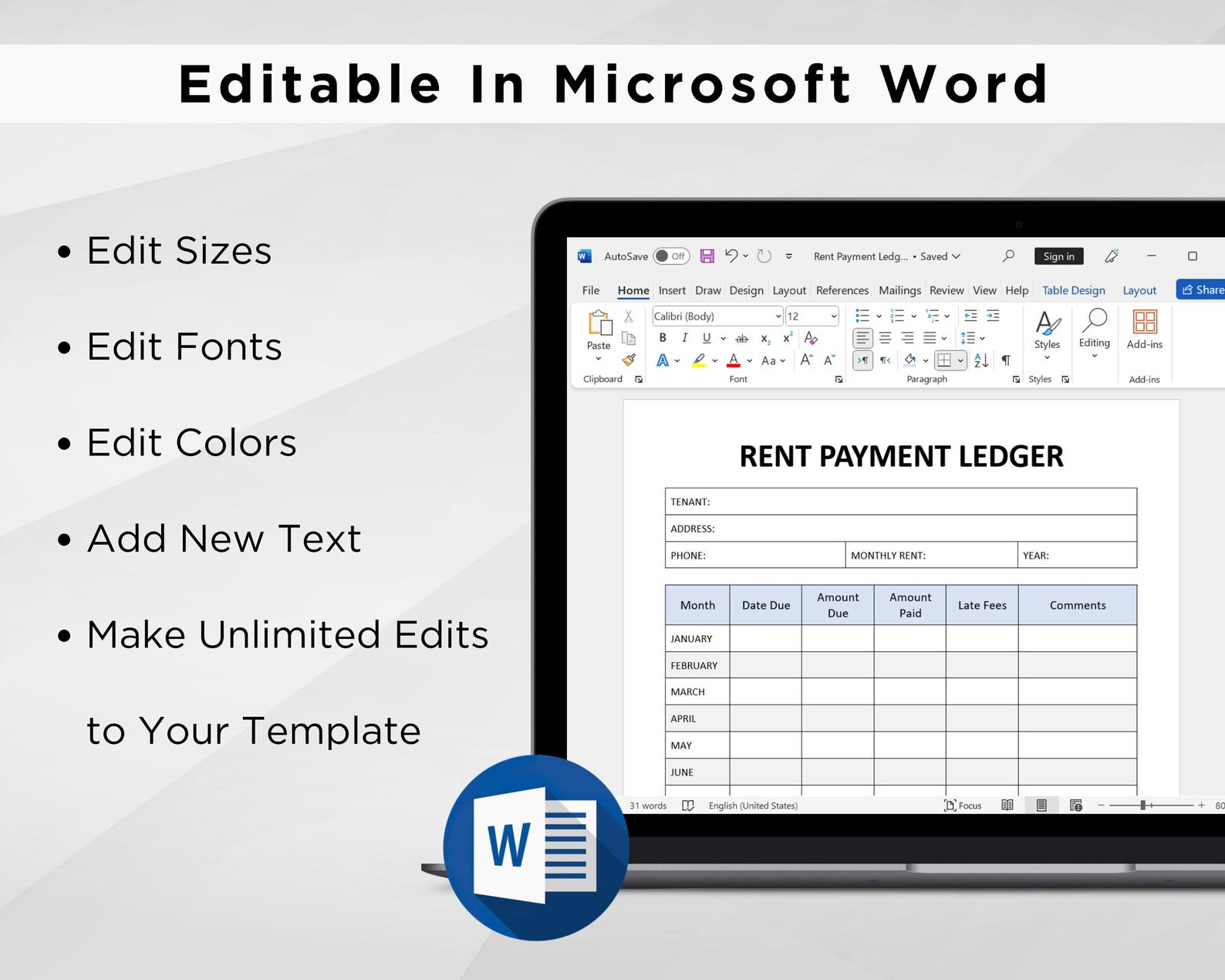 Editable Rent Payment Ledger Template. Printable Rental Payment Tracker ...