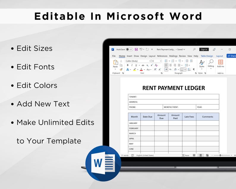 Editable Rent Payment Ledger Template. Printable Rental Payment Tracker ...