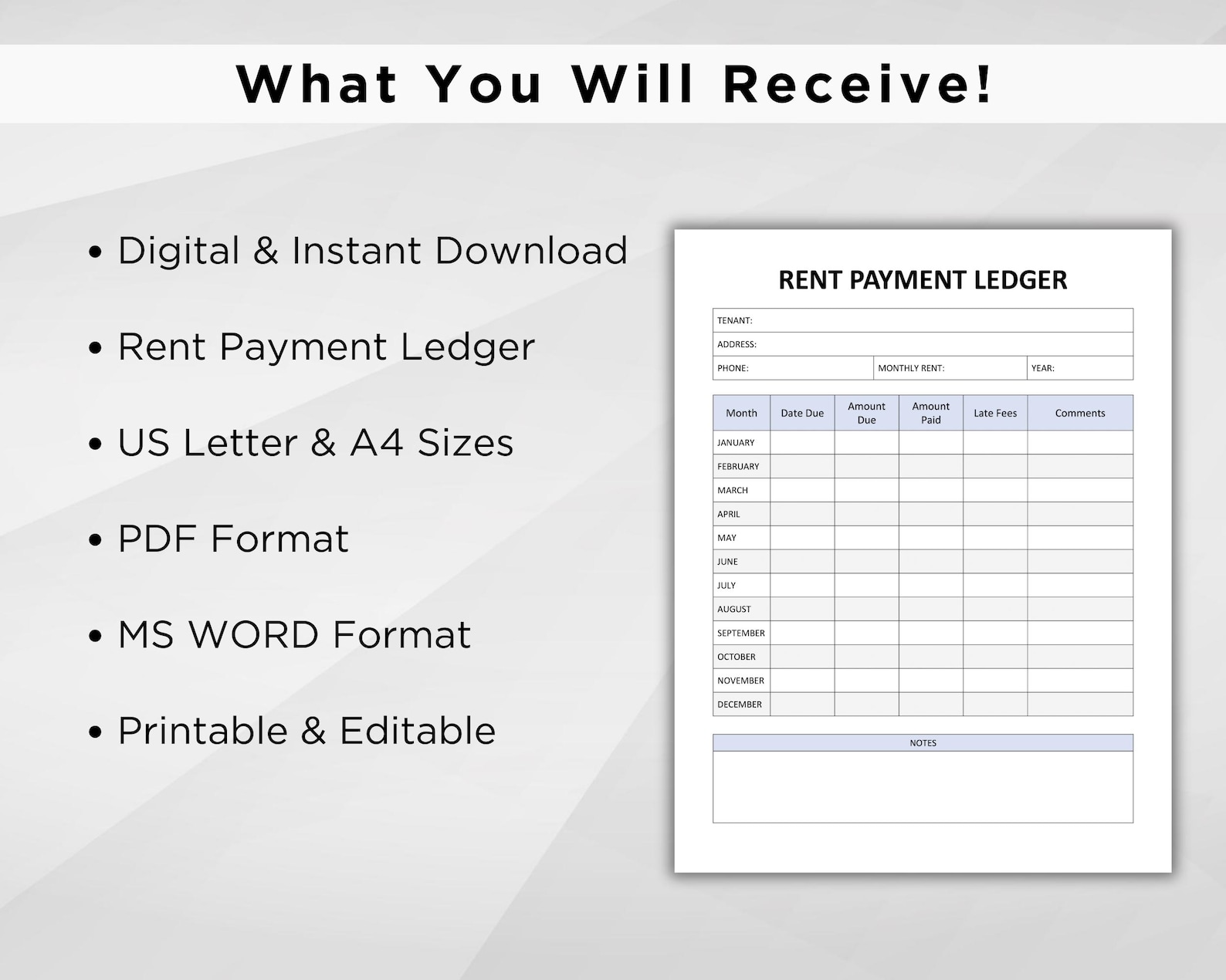 Editable Rent Payment Ledger Template. Printable Rental Payment Tracker ...