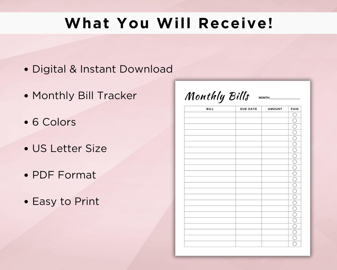 Printable Monthly Bill Log. Bill Planner. Bill Payment Checklist ...