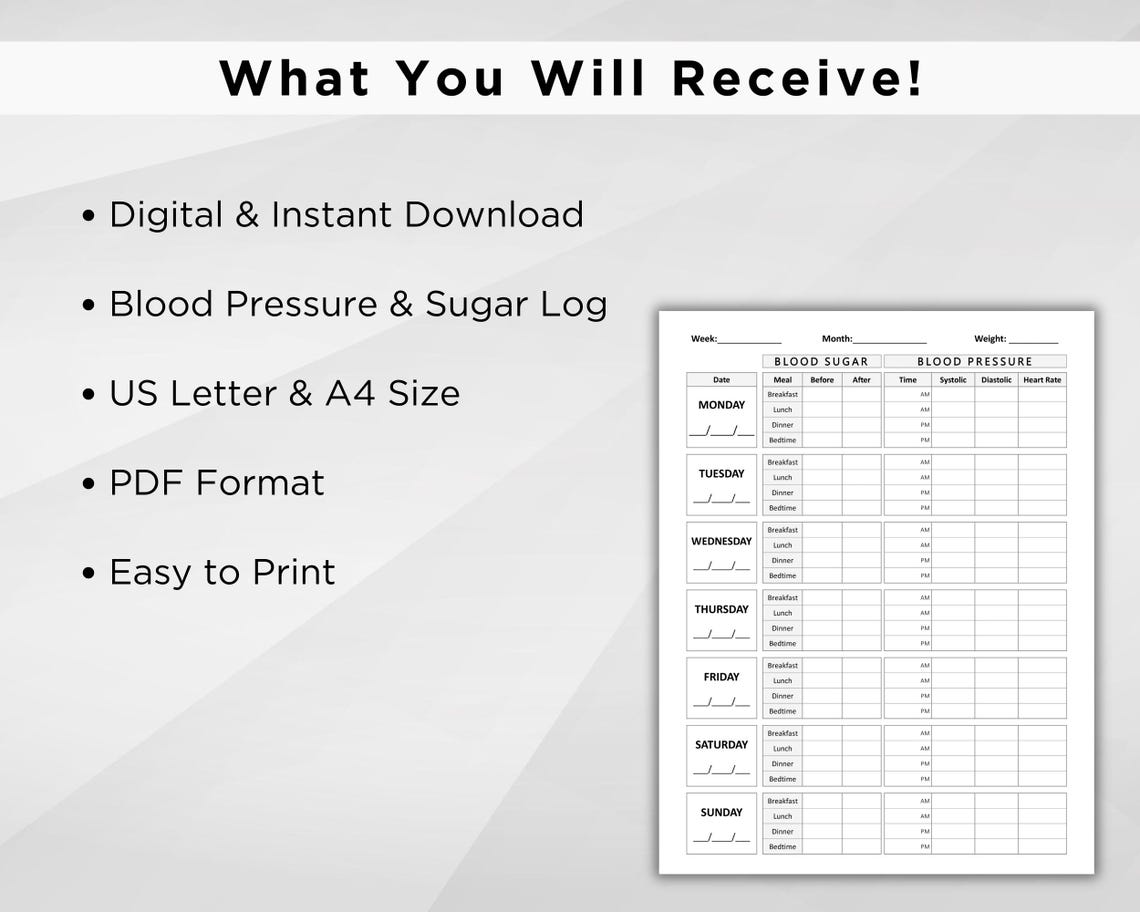 Blood Sugar and Blood Pressure Tracker Printable. Daily Blood Pressure ...
