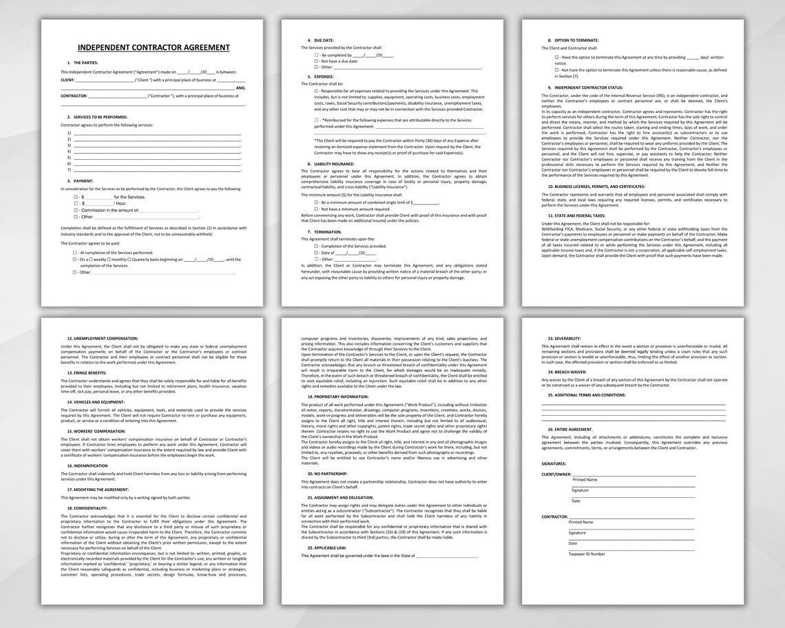 Independent Contractor Agreement Template Printable. Editable ...