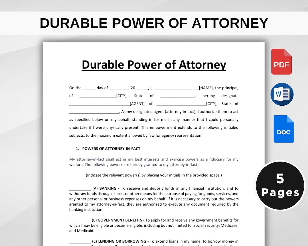 Durable Power of Attorney Template. Printable Durable Power of Attorney ...