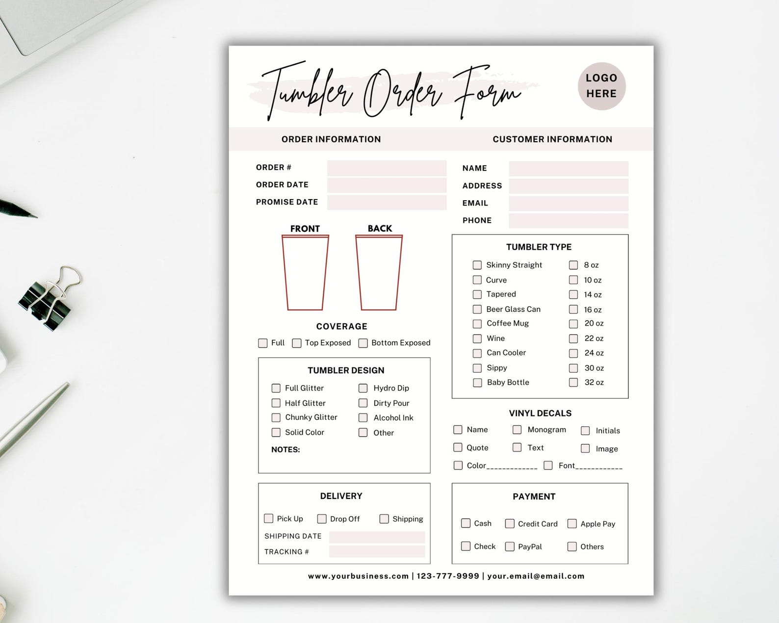 Editable Tumbler Order Form. Tumbler Order Template. Custom Tumbler ...