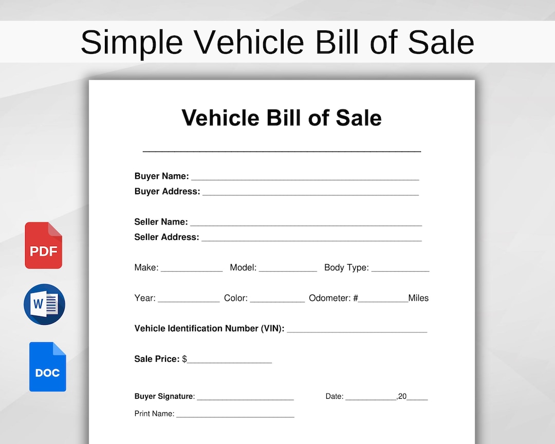 Printable Vehicle Bill of Sale. Motor Vehicle Sale Contract. Auto Bill ...