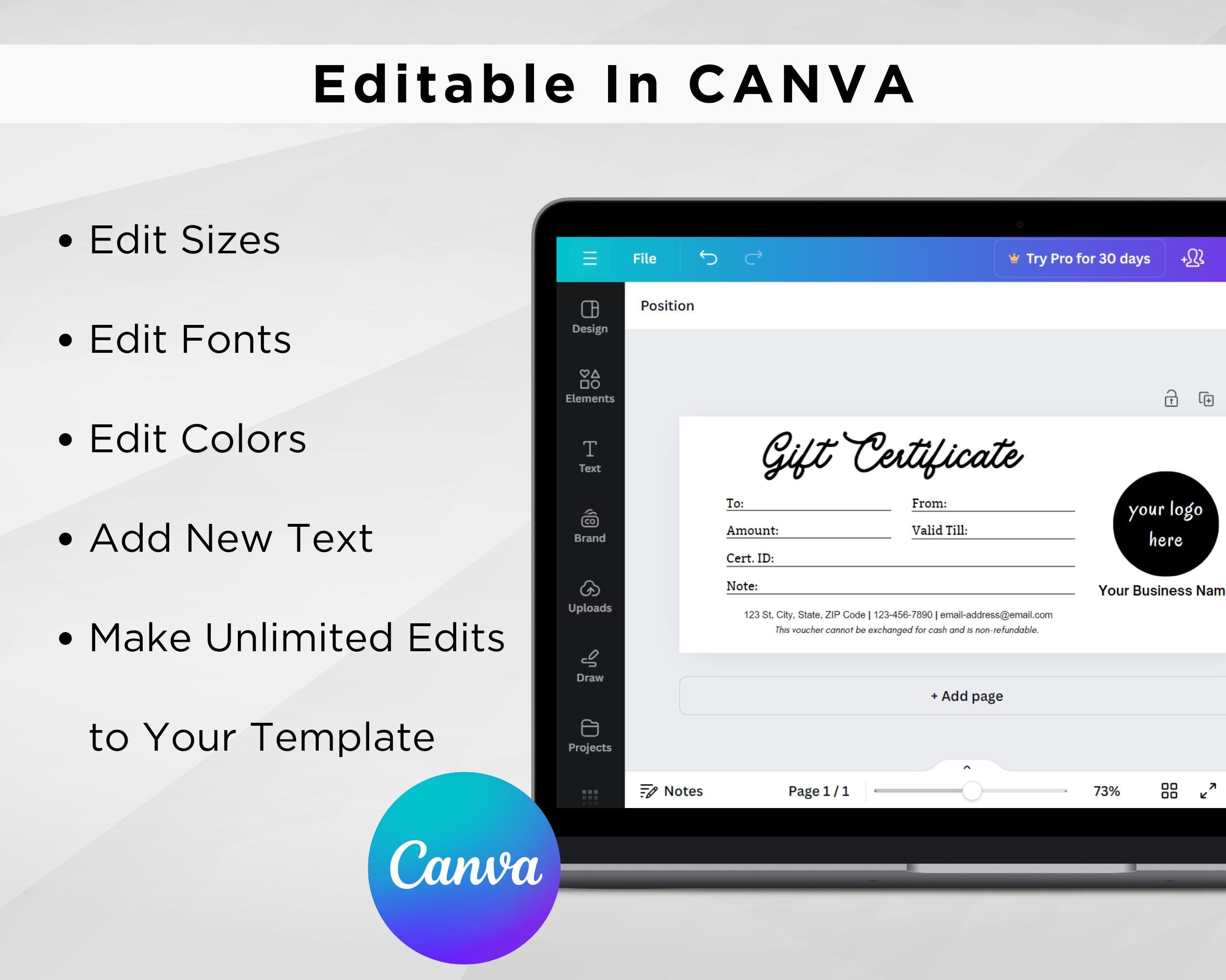Editable Gift Certificate Template, Printable Gift Voucher & Custom ...