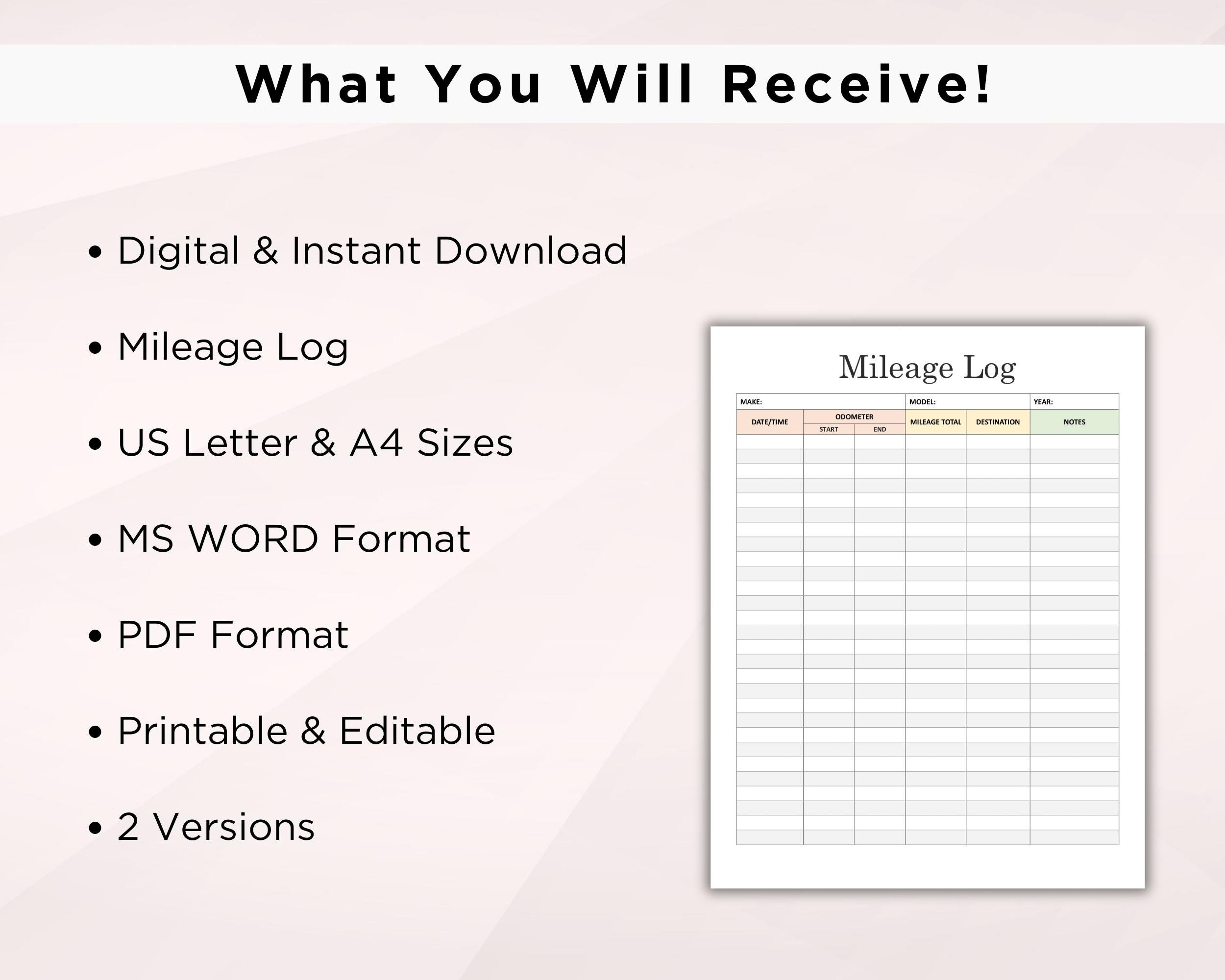 Mileage Log Printable PDF. Vehicle Miles Travelled Tracker. Mileage ...