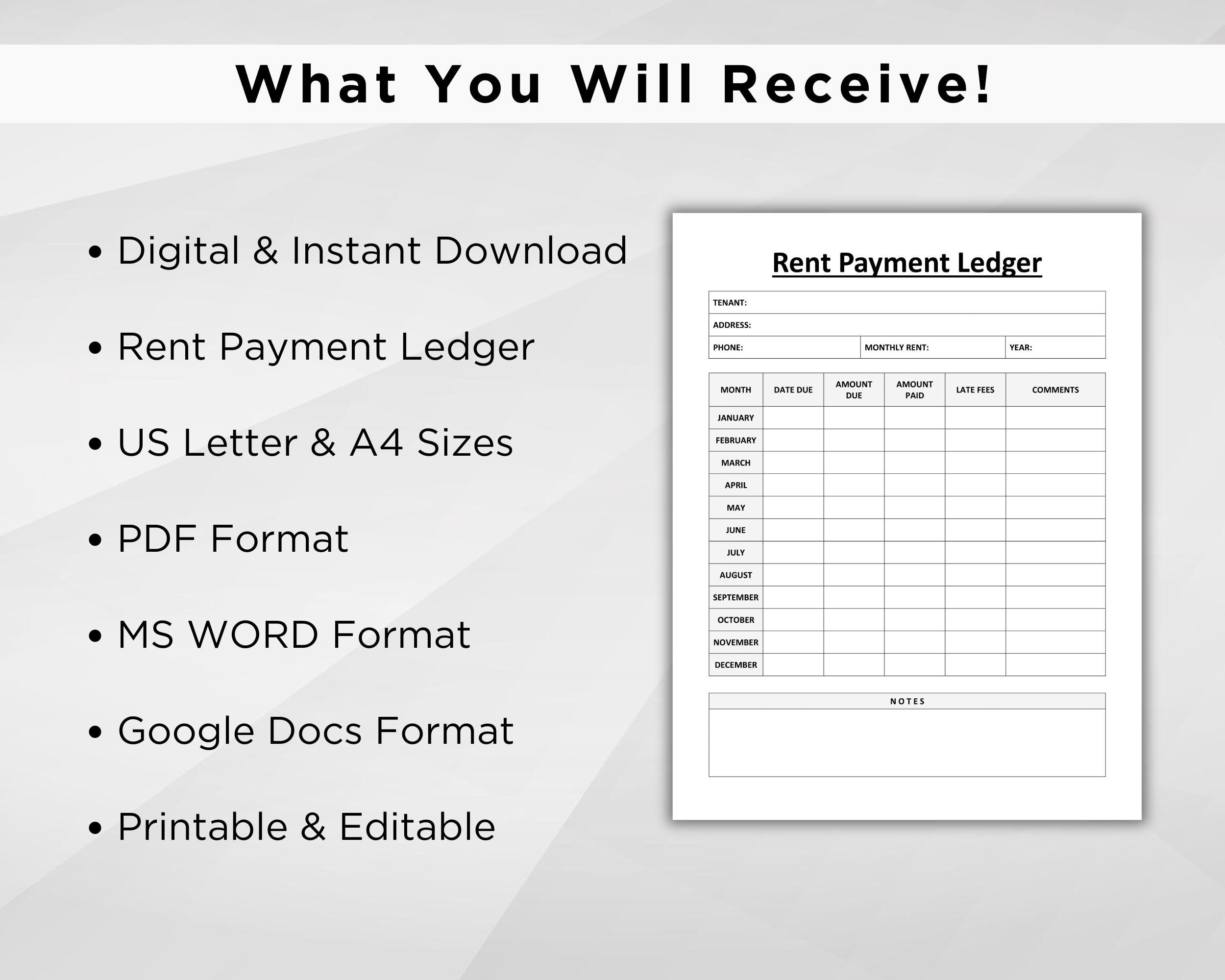 Rent Payment Ledger. Printable Rental Payment Tracker Template. Monthly ...