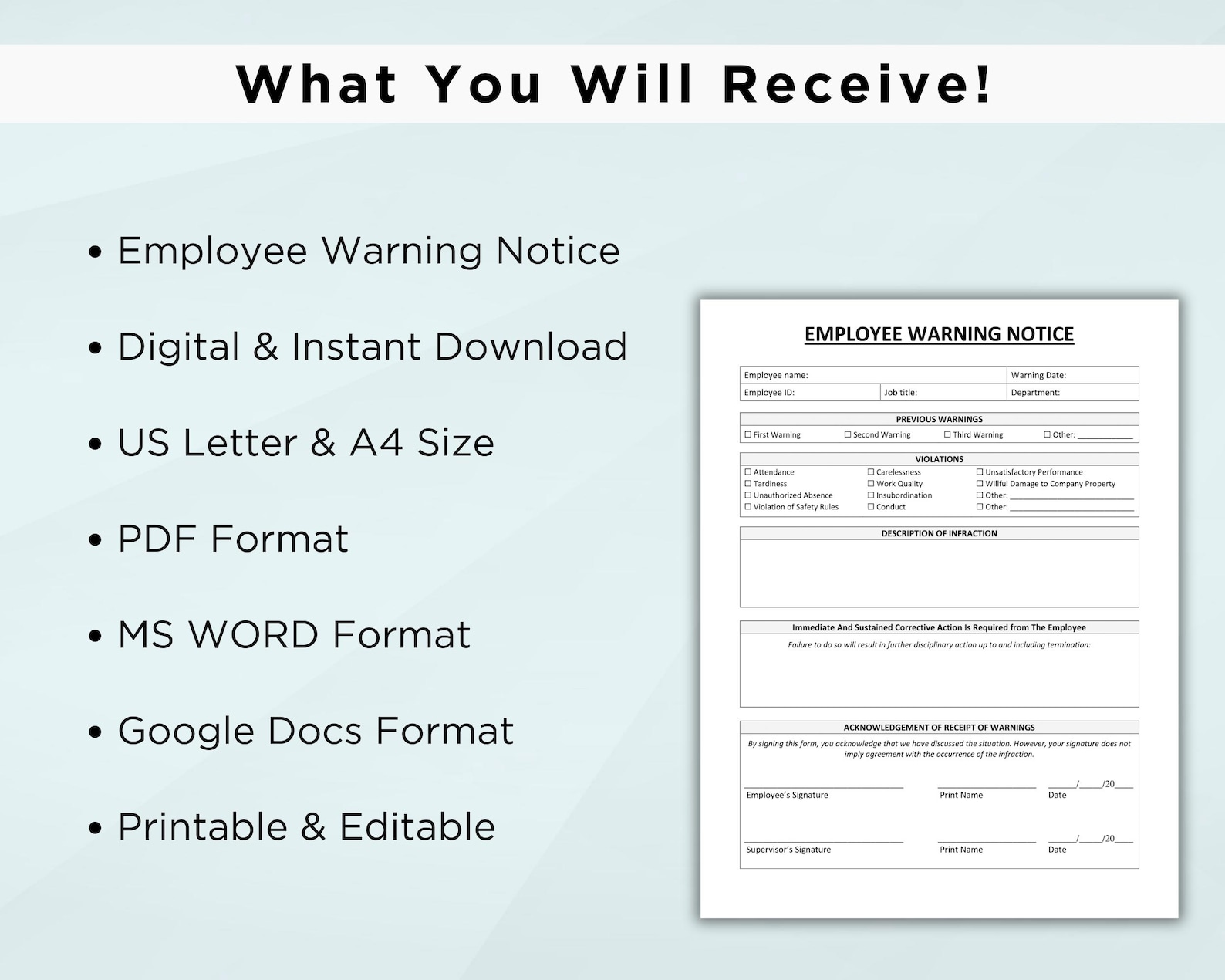 Employee Warning Notice Template, Printable Discipline Form, Employee ...