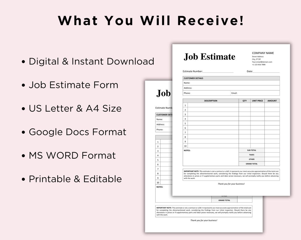 Job Estimate Template Printable. Job Estimate Forms Small Business Template. Construction ...