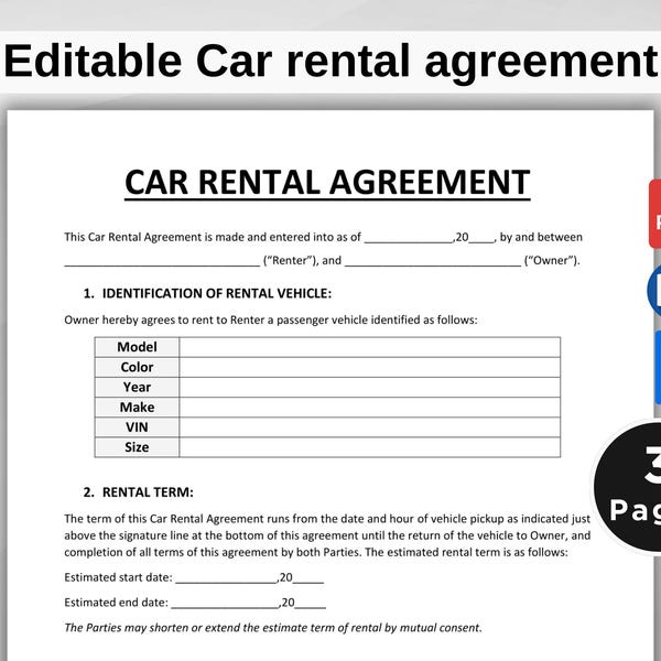 Editable Car Rental Agreement Template. Car Rental Contract. Printable ...