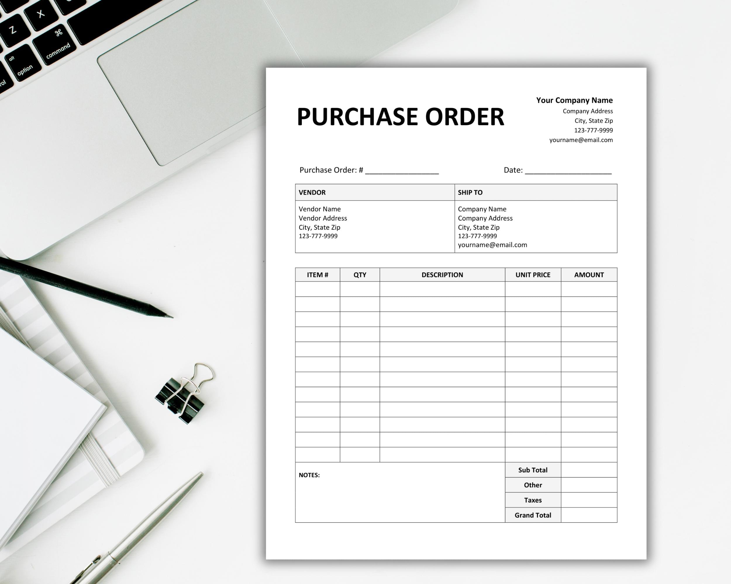 Editable Purchase Order Template | Printable PO Form for Small Business ...