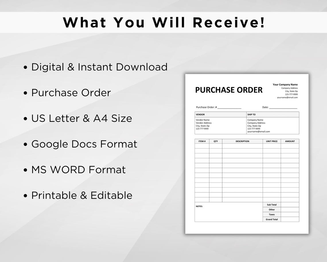 Editable Purchase Order Template | Printable PO Form for Small Business ...
