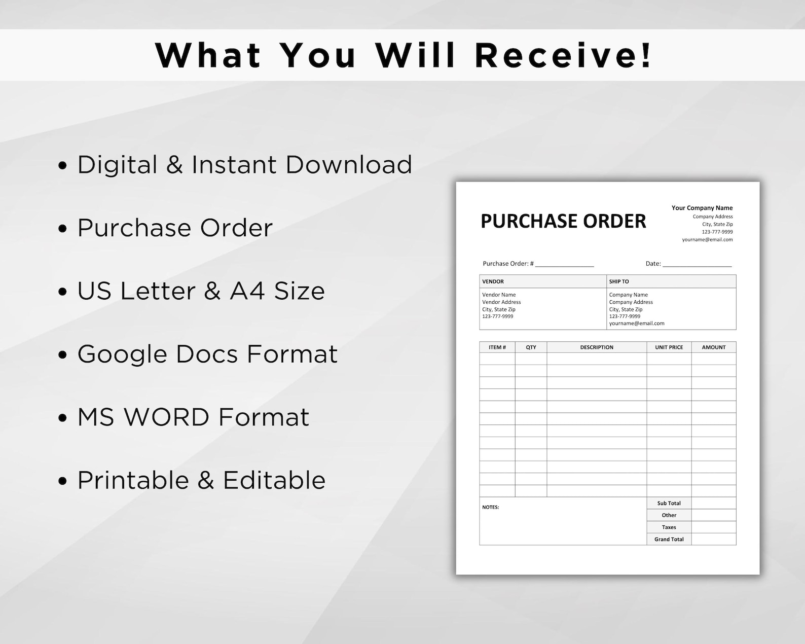 Editable Purchase Order Template | Printable PO Form for Small Business ...