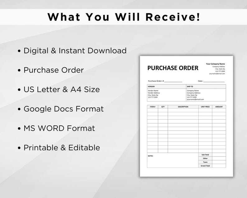 Editable Purchase Order Template | Printable PO Form for Small Business ...