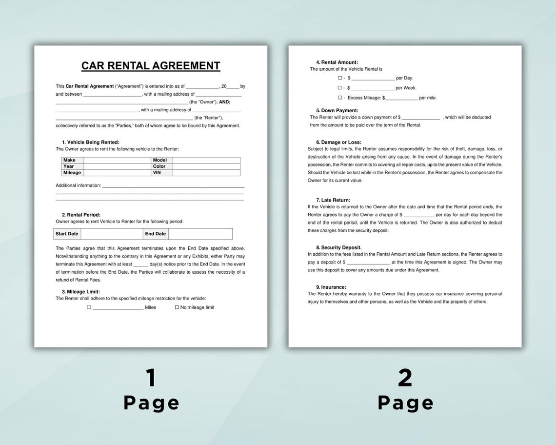 Car Rental Agreement Templates. Car Rental Contract. Printable Vehicle ...