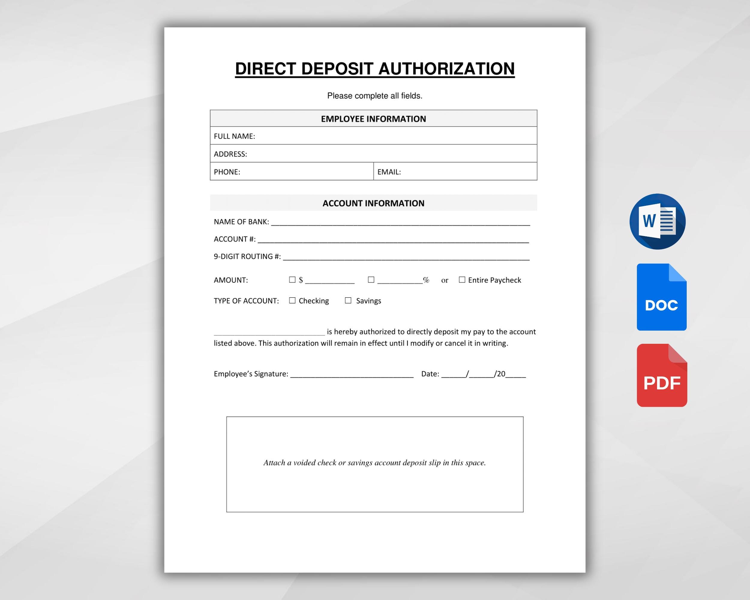 Direct Deposit Authorization. Printable Employee Direct Deposit Form ...