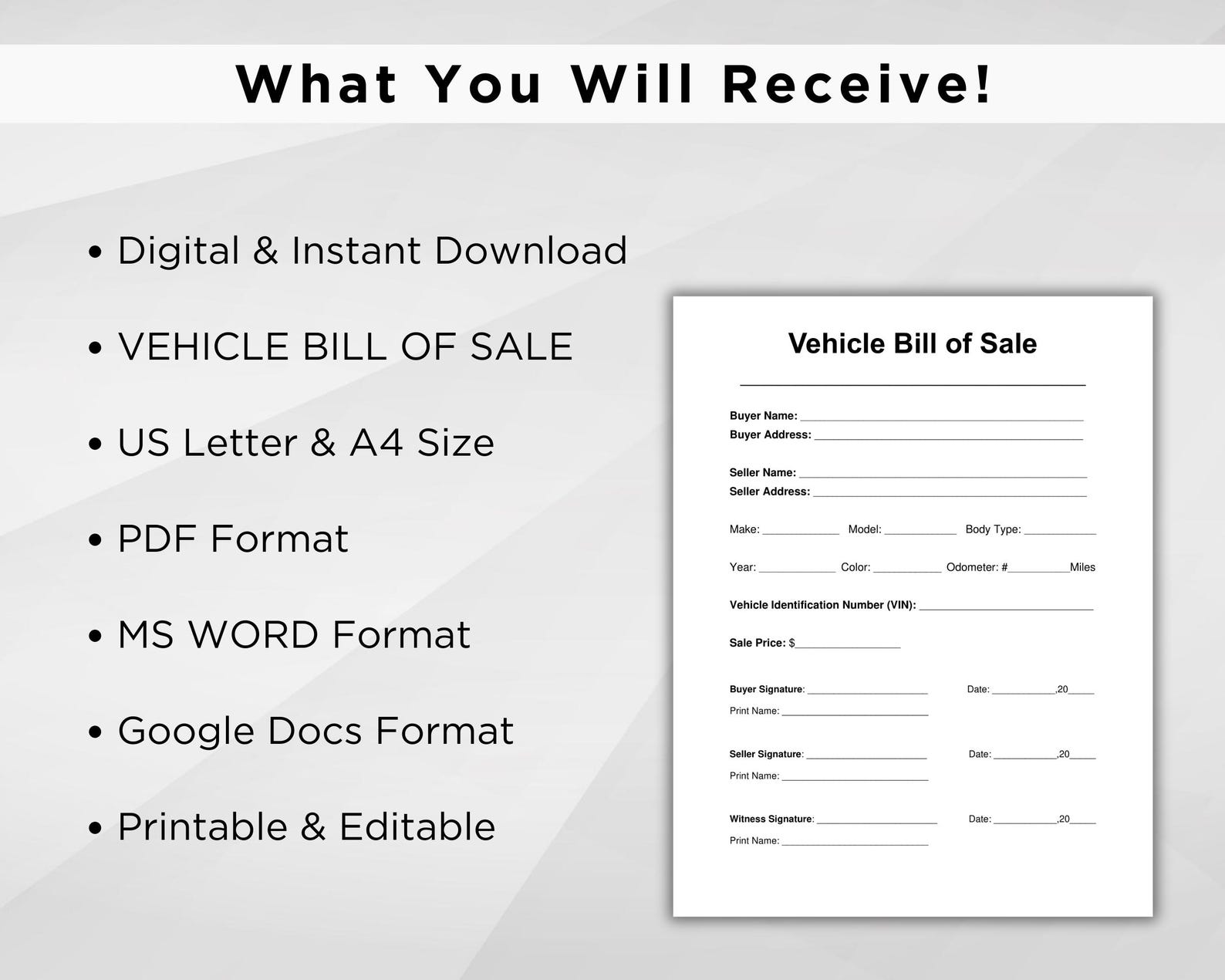 Printable Vehicle Bill of Sale. Motor Vehicle Sale Contract. Auto Bill ...