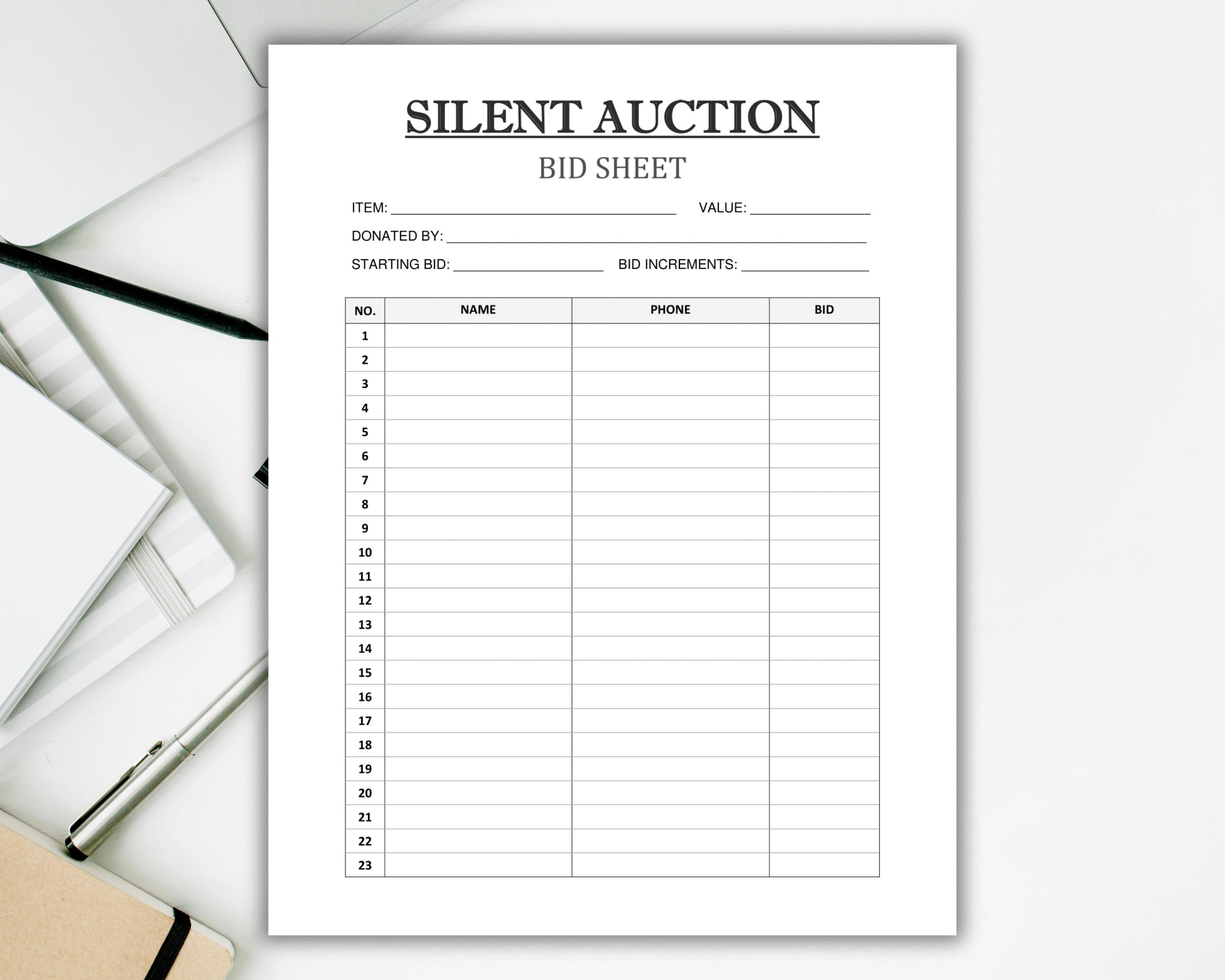 Printable Silent Auction Bid Sheet Silent Auction Sign up Sheet ...
