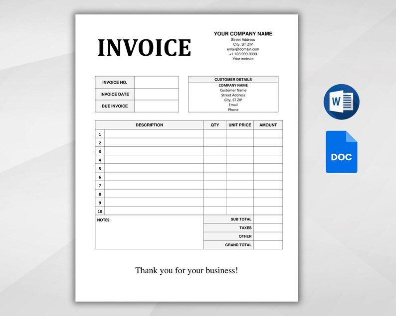 Invoice Template Editable. Custom Invoice. Printable Invoice Form ...