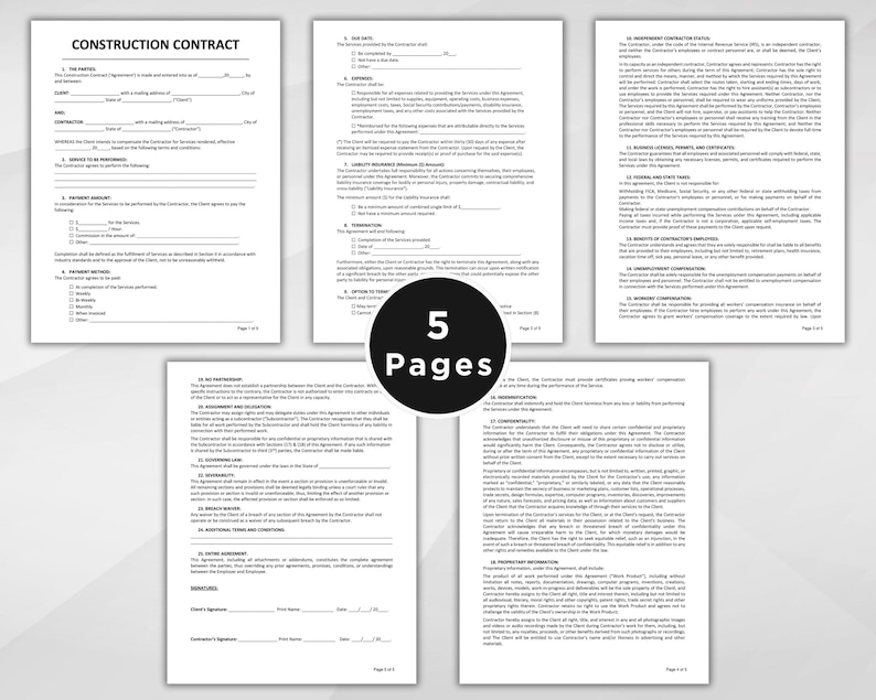 Construction Contract Form. Editable Construction Agreement Template. Construction Contract ...