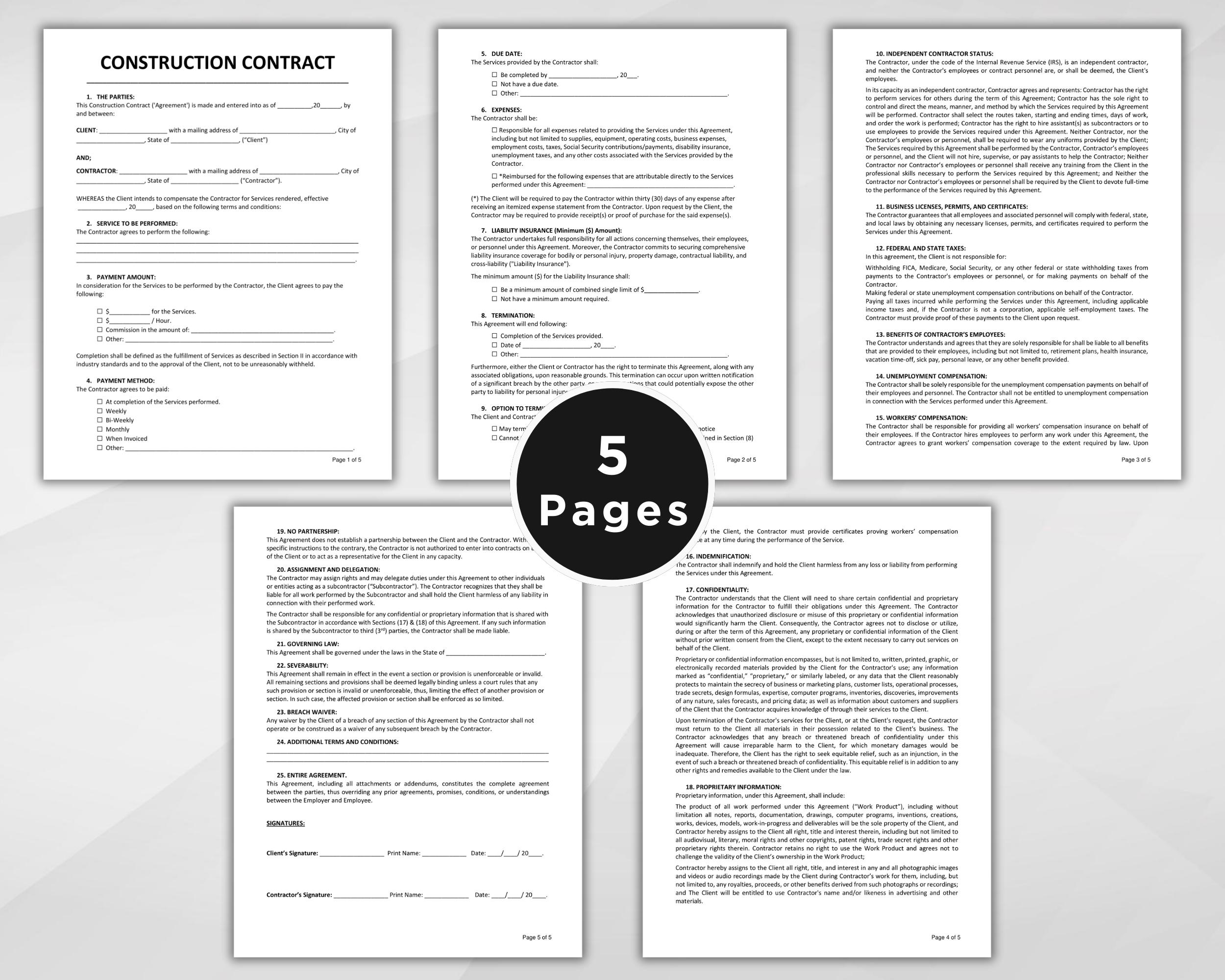 Construction Contract Form. Editable Construction Agreement Template ...