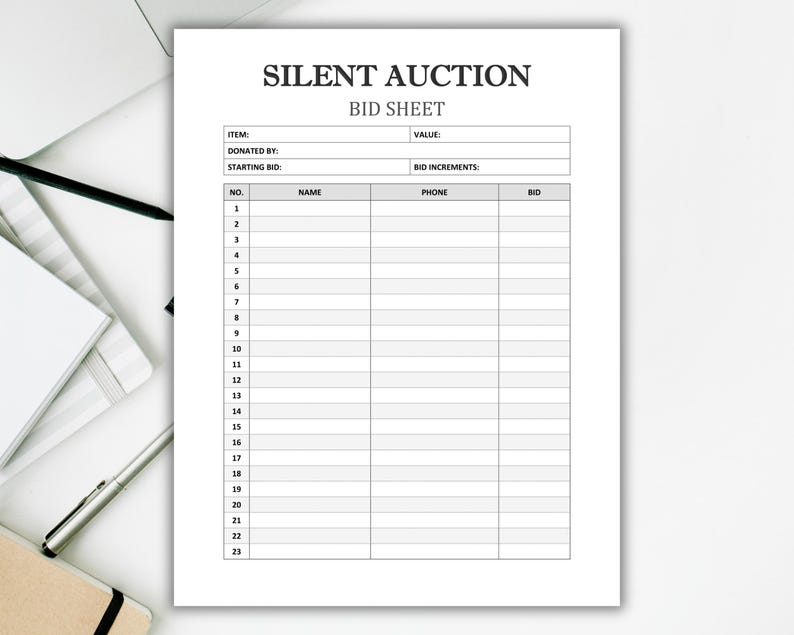 Editable Silent Auction Template Silent Auction Bid Sheet Silent ...