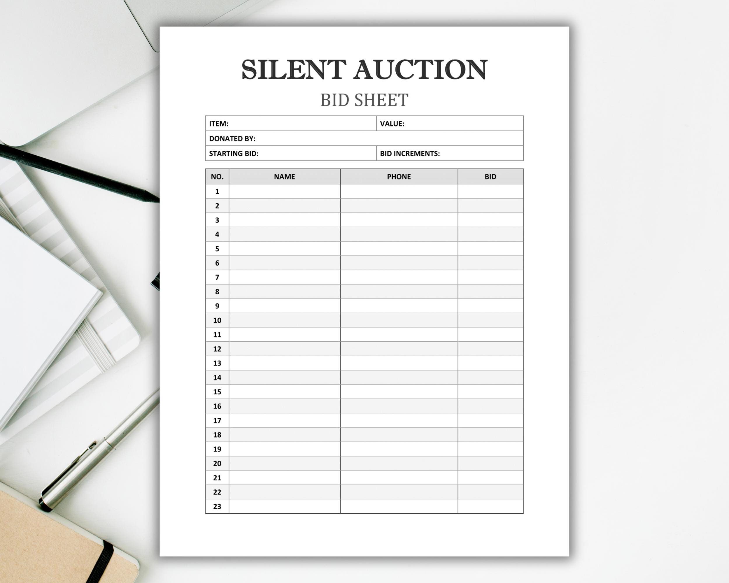 Editable Silent Auction Template Silent Auction Bid Sheet Silent ...