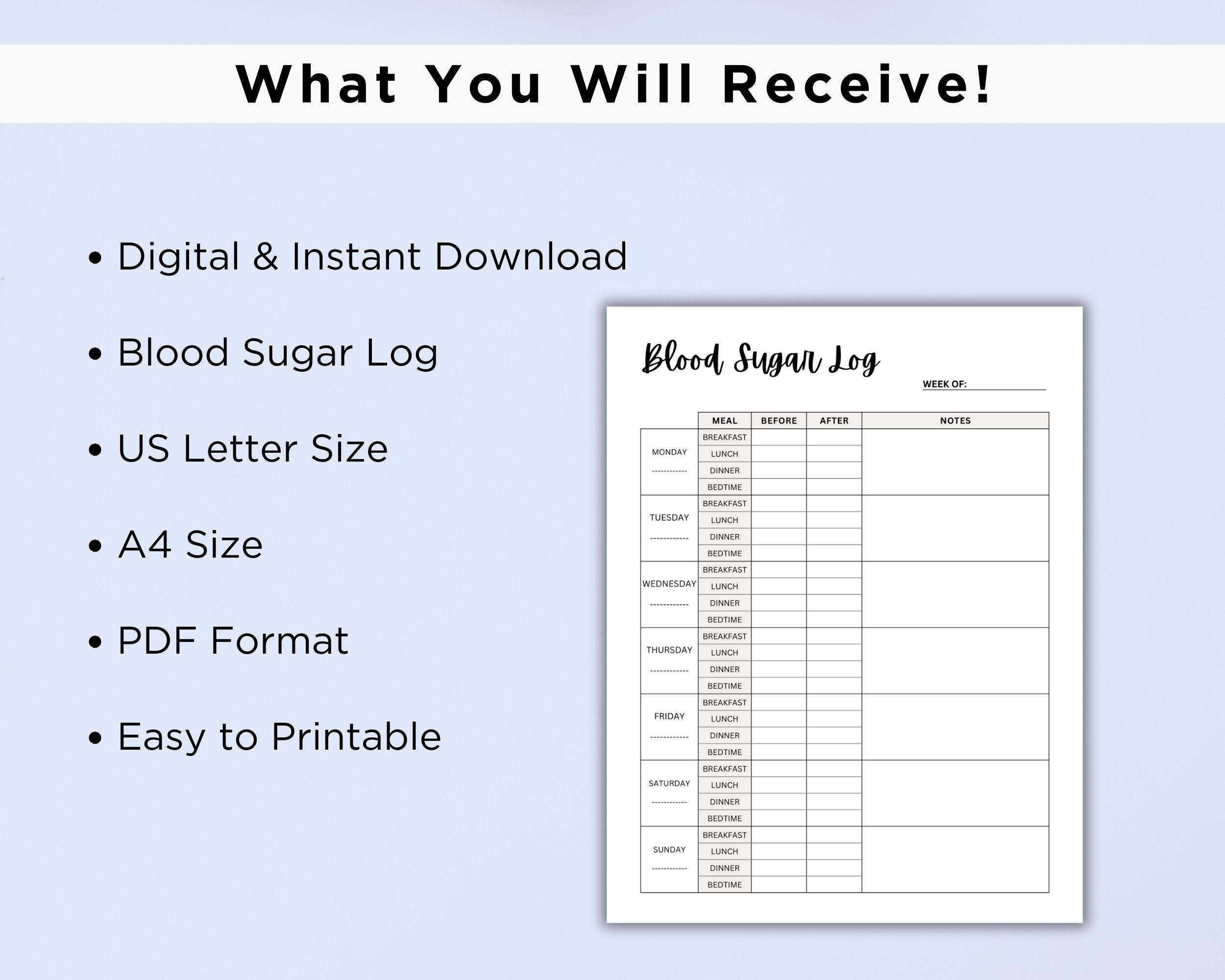 Blood Sugar Log Printable. Blood Glucose Tracker. Diabetic Log ...