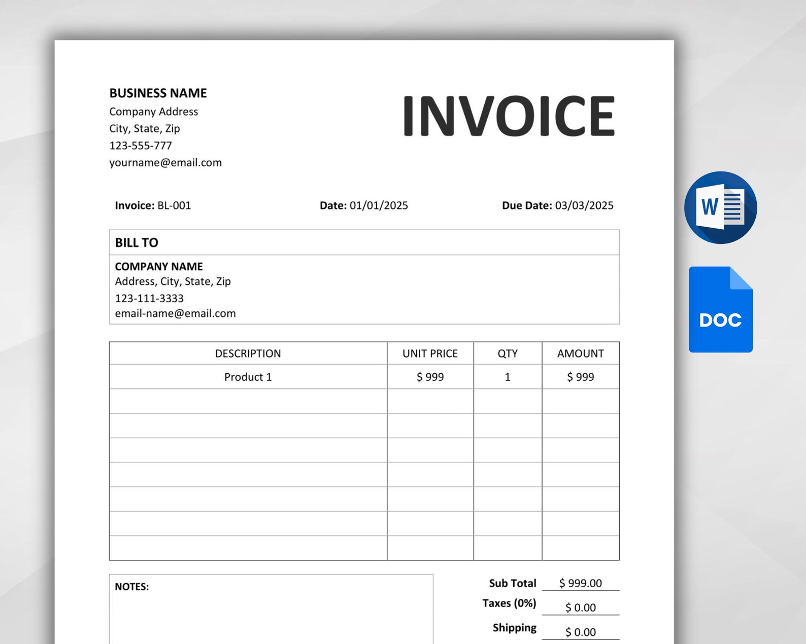 Printable Invoice Template. Business Invoice. Services Invoice. Billing ...