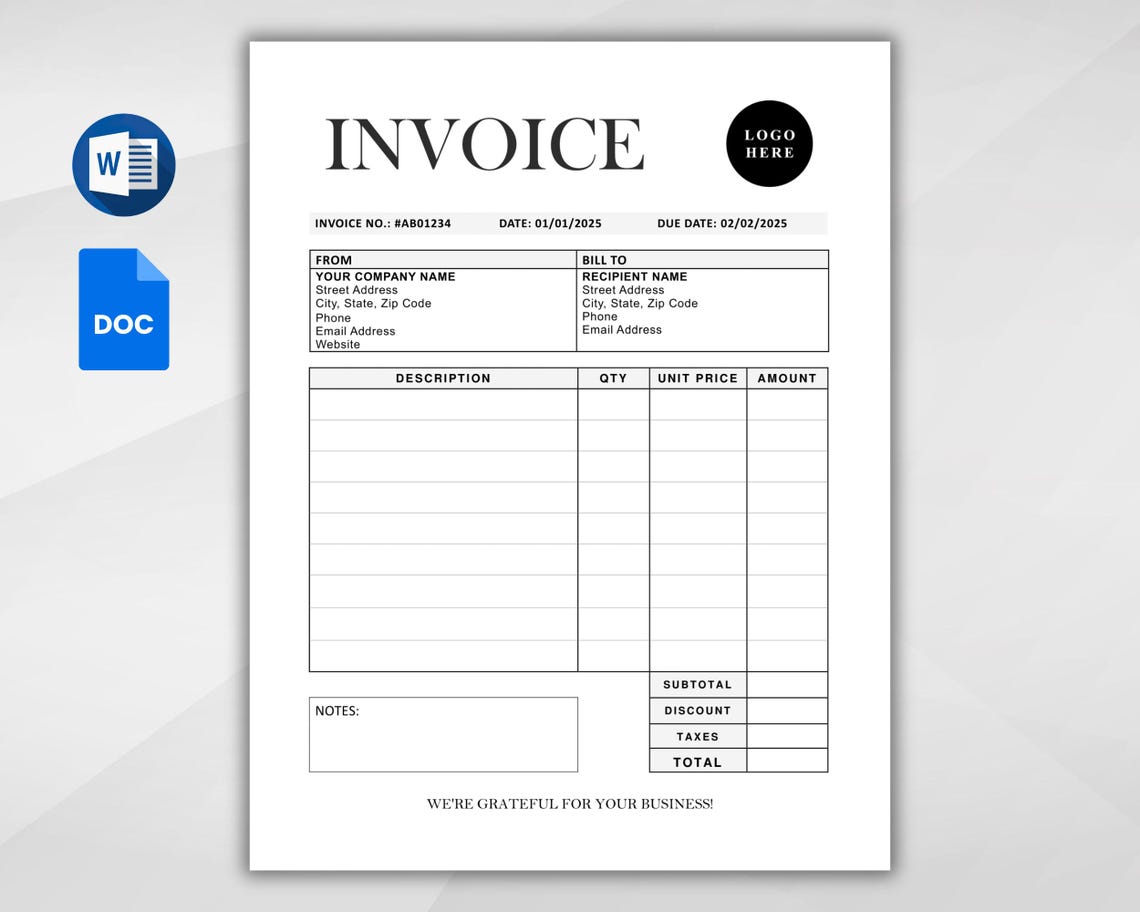 Invoice Template. Business Invoice. Invoice Word. Custom Invoice ...