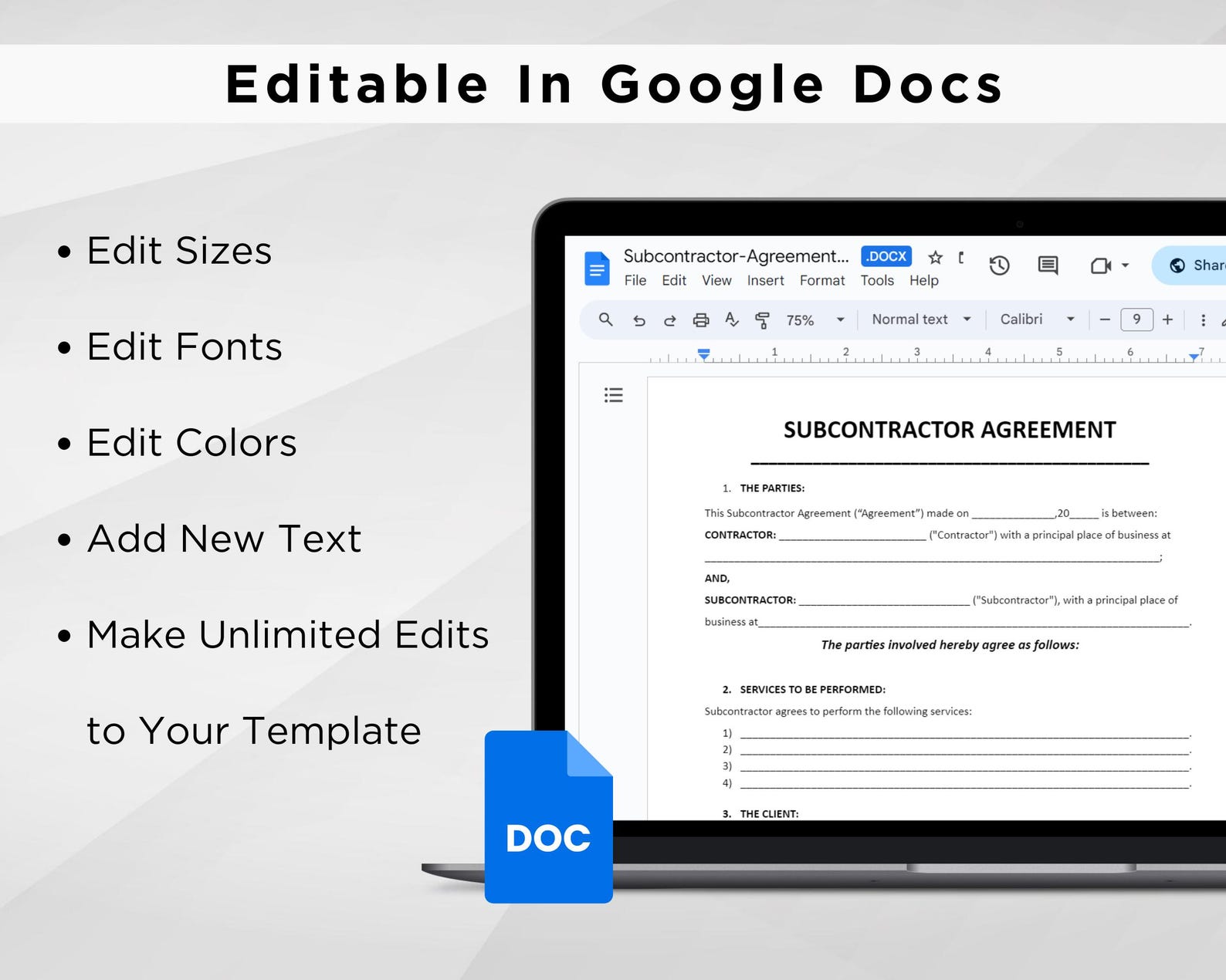 Subcontractor Agreement Template. Editable Subcontractor Contract Form ...