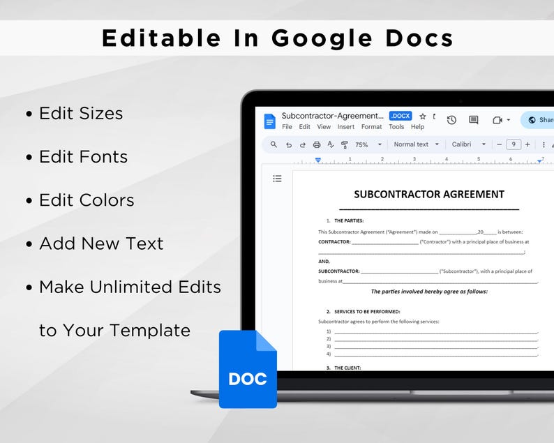 Subcontractor Agreement Template. Editable Subcontractor Contract Form. Job Subcontractor ...