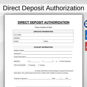 Direct Deposit Authorization. Printable Employee Direct Deposit Form. HR Template. Editable Word ...