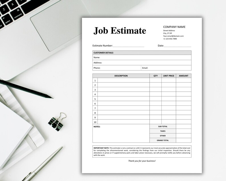Job Estimate Template Printable. Job Estimate Forms Small Business ...