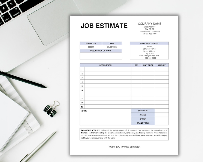Job Estimate Template Printable. Estimate Form for Small Business ...