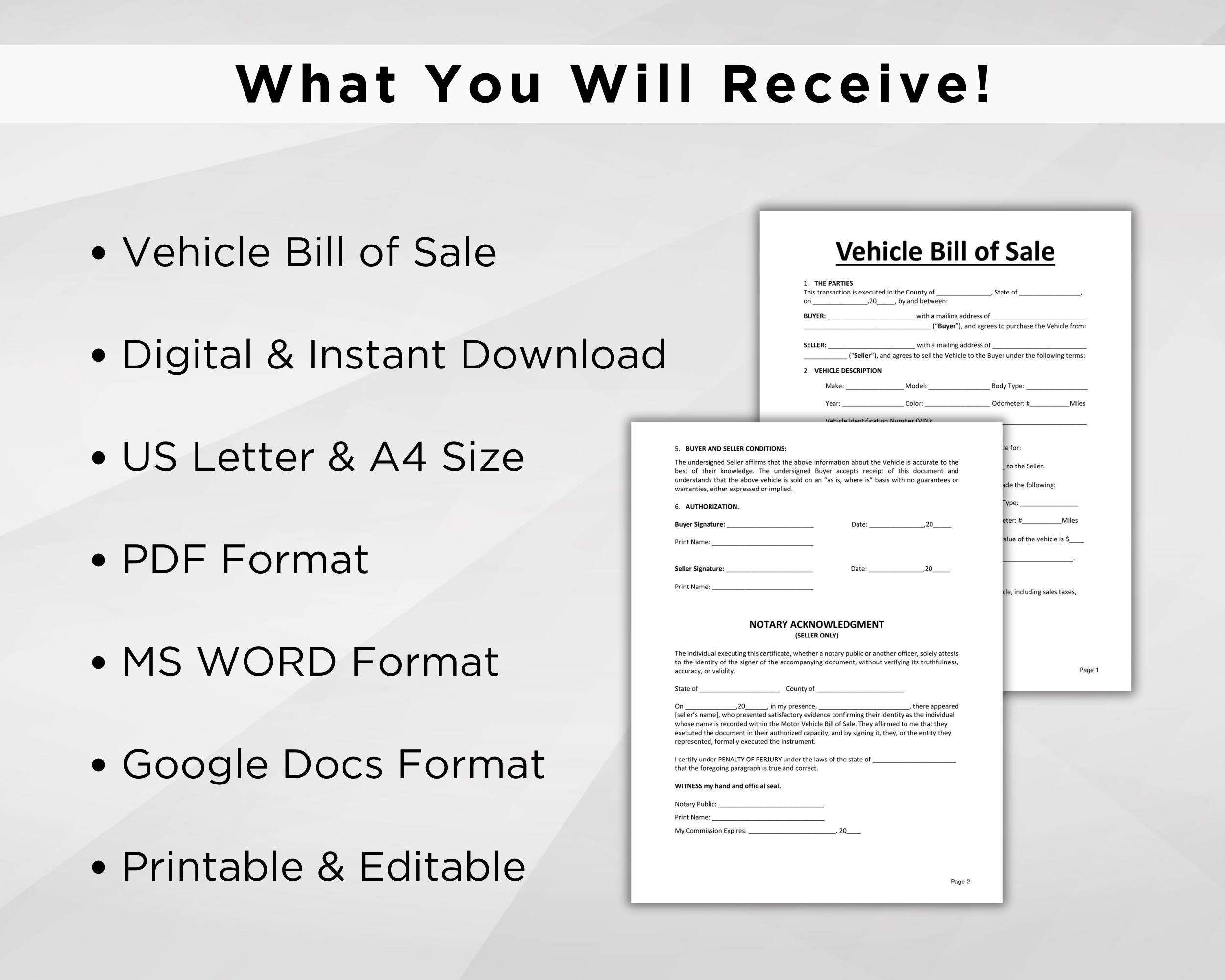 Editable Vehicle Bill of Sale Templates. Motor Vehicle Sale Contract ...