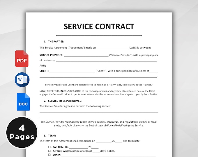 Service Contract Form, Editable Service Agreement, Client Contract ...