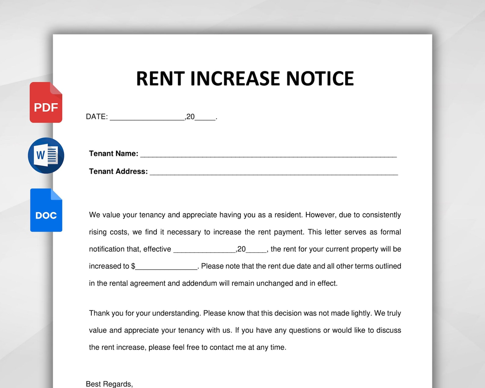 Rental Increase Notice. Rental Increase Form. Rental Increase Letter ...