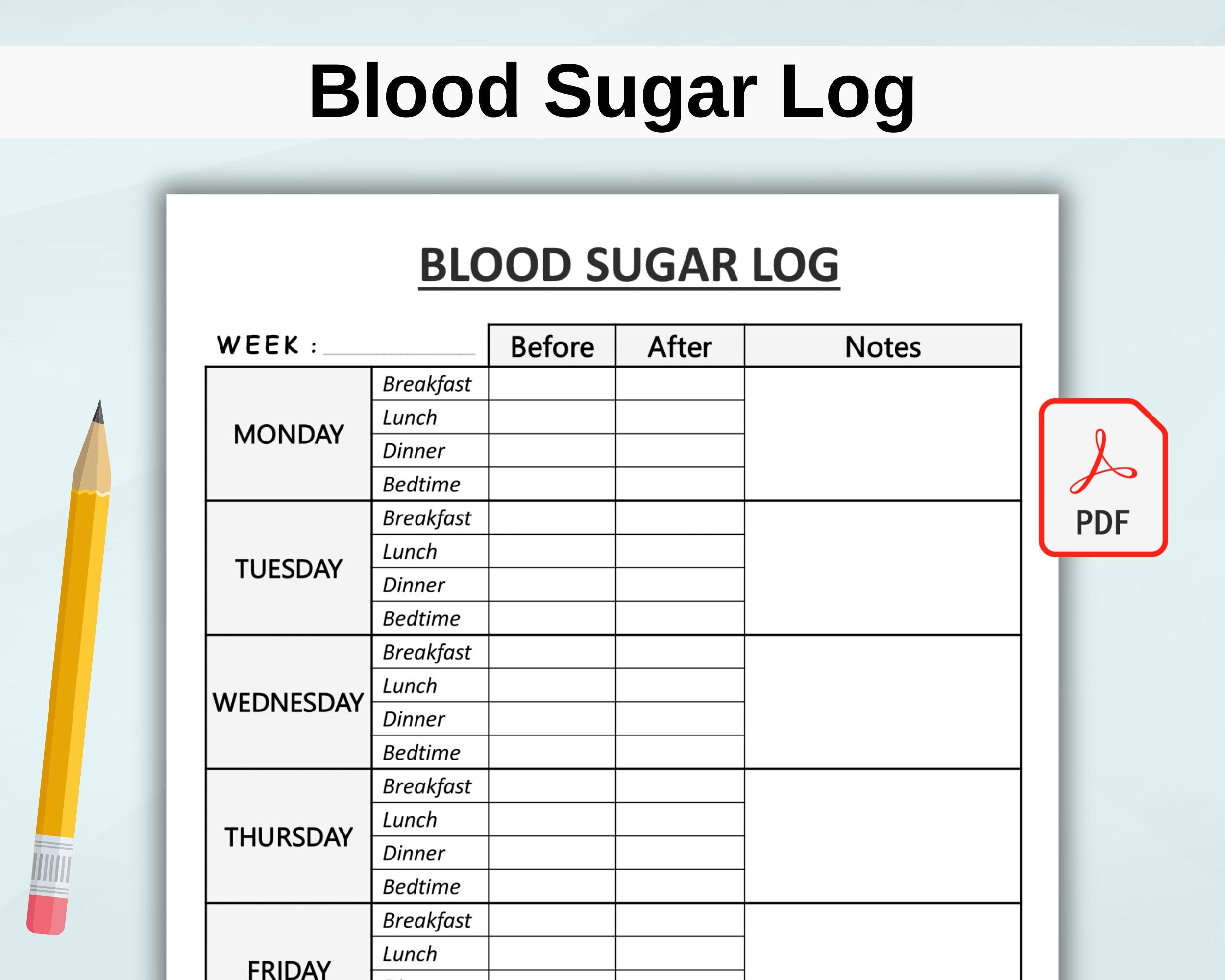 Blood Sugar Log Printable. Daily Diabetic Log. Blood Sugar Reading ...