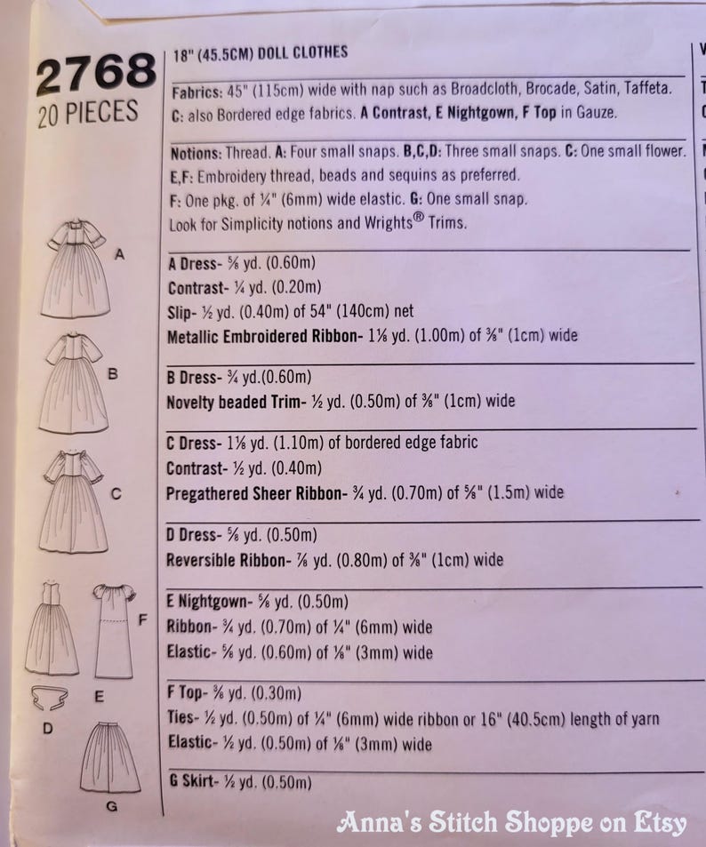 Simplicity 2768 Doll Clothes Paper Sewing Pattern for 18 Inch Dolls ...
