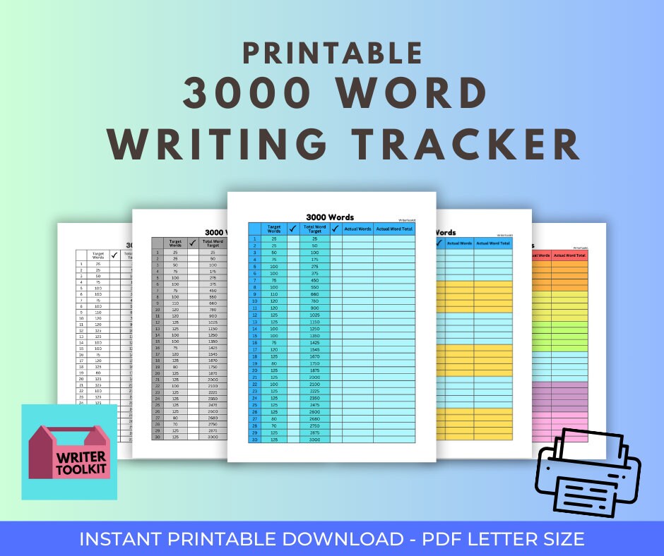 Printable Word Count Tracker for Writing 3000 Words in 30 Small and ...